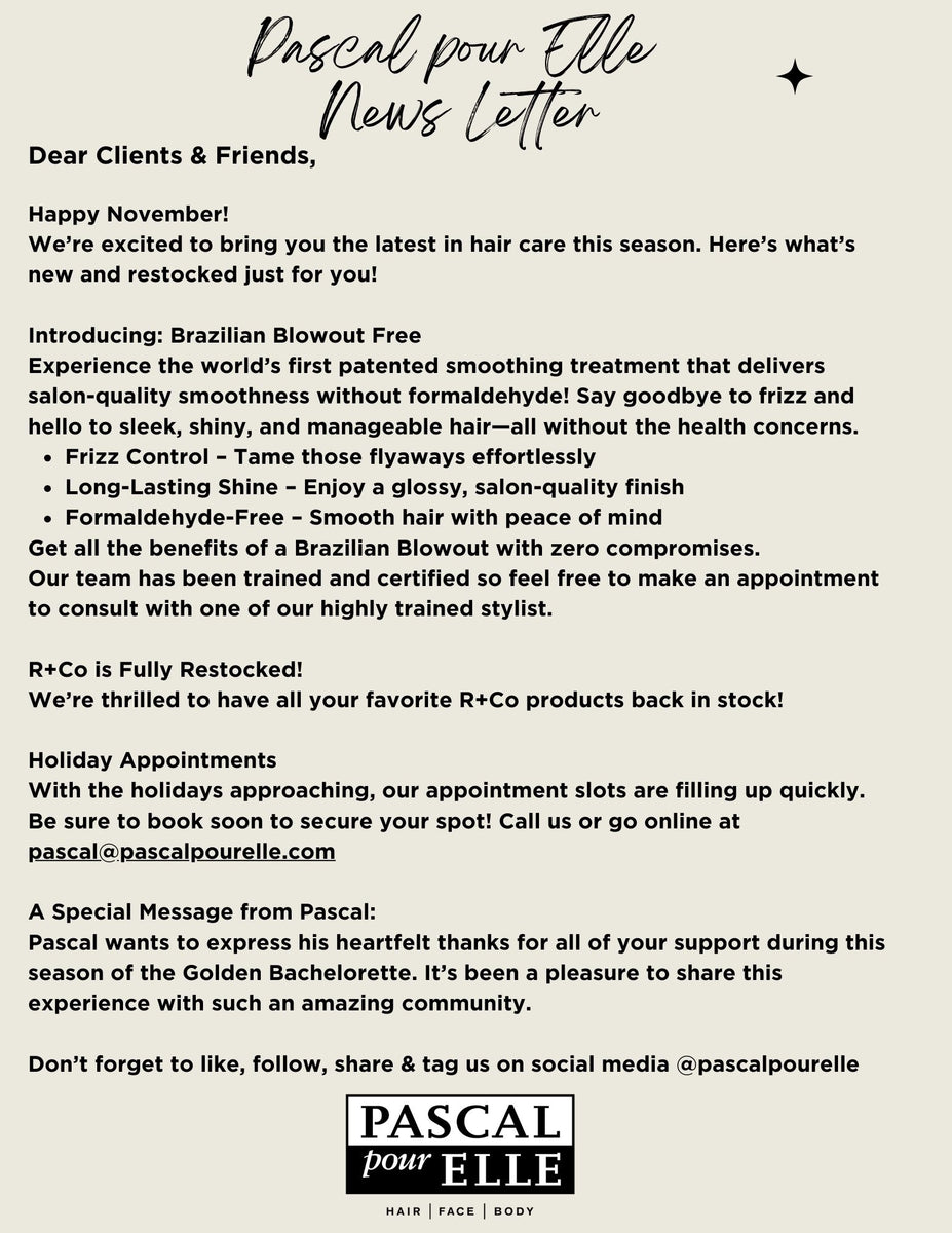 November News Letter – Pascal pour Elle and Pascal Paris